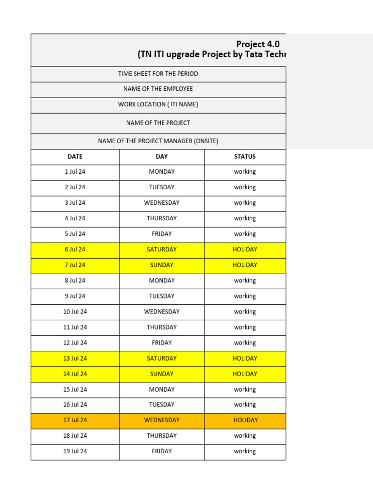 Sample JULY - 2024 - Timesheet | PDF