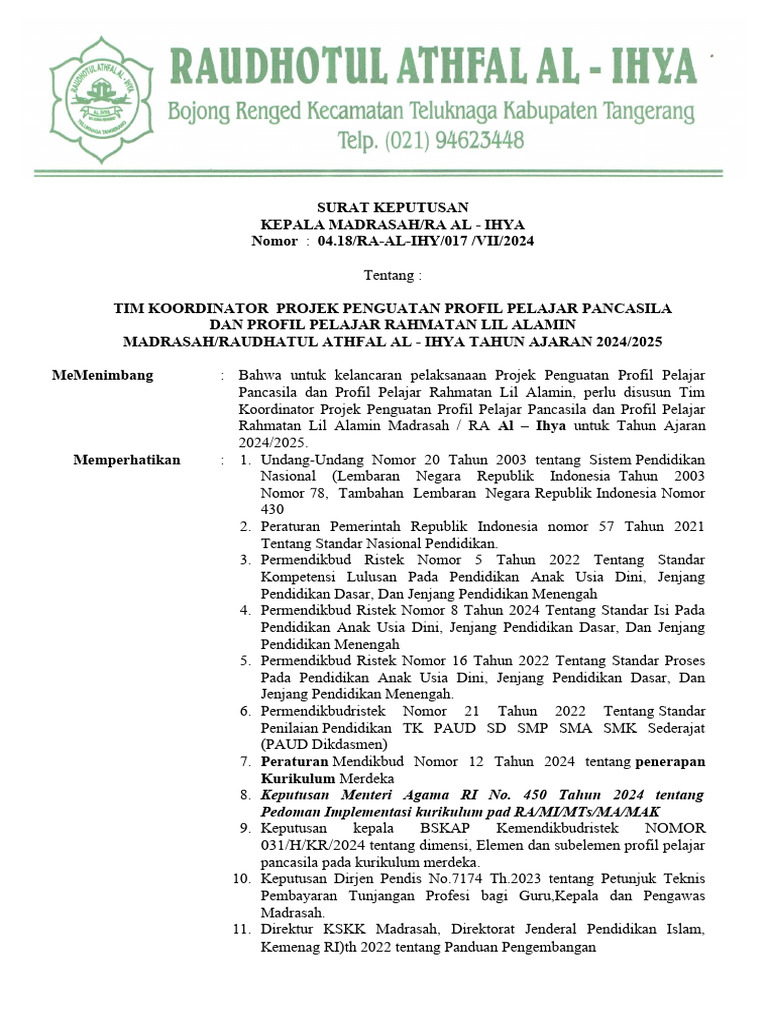 SK Tim Kordinator P5 Dan P2ra Al Ihya 2024 | PDF