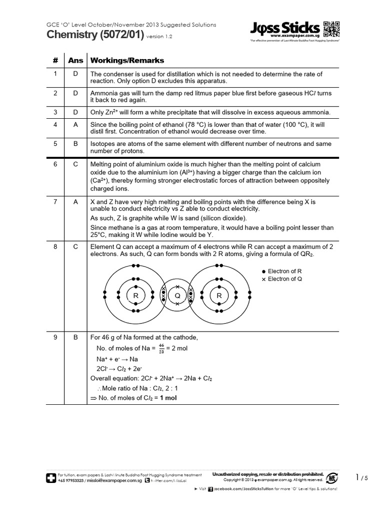 Gce o Level 2013 Chemistry 5072 Paper 1 Solutions | PDF | Chemical ...