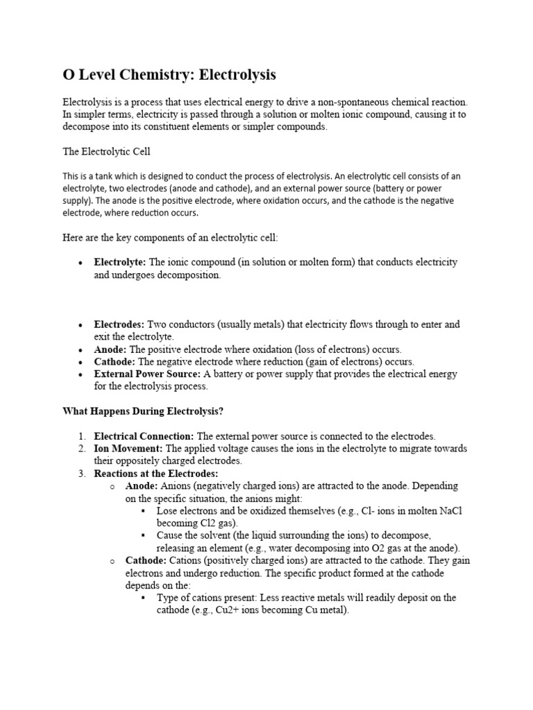 Chemistry - Electrolysis Notes | PDF | Anode | Electrolyte