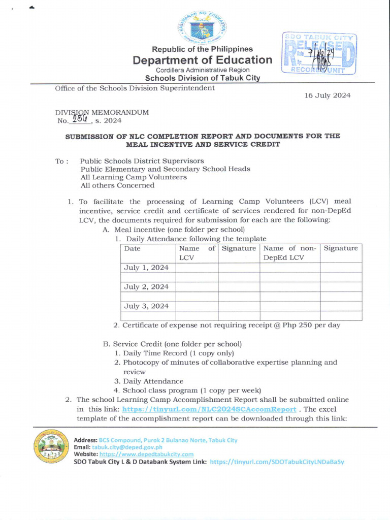 DM 256 Submission of NLC Completion Report | PDF