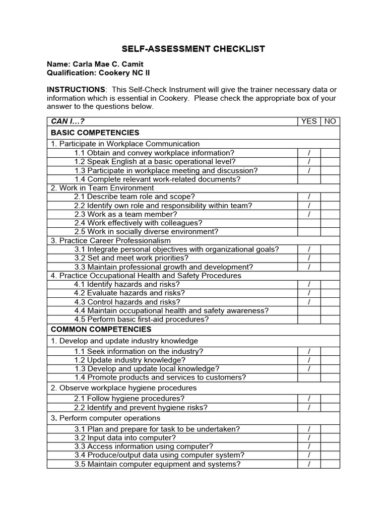 JOVACON PTS-3 - Self-Assessment-Checklist | PDF | Desserts | Cooking