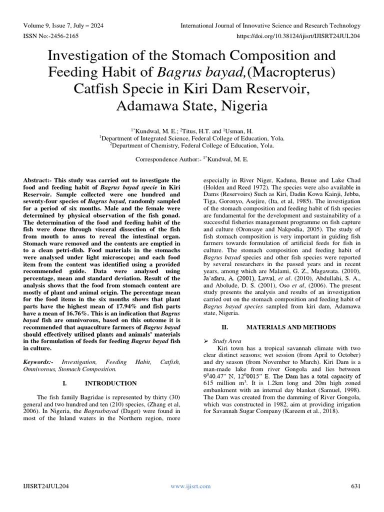 Investigation of The Stomach Composition and Feeding Habit of Bagrus ...