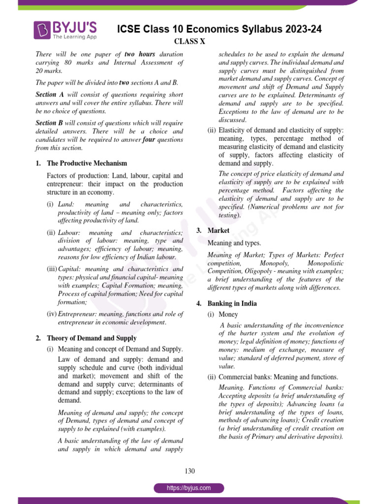 ICSE Class 10 Economics Syllabus 2023 24 | PDF | Elasticity (Economics ...