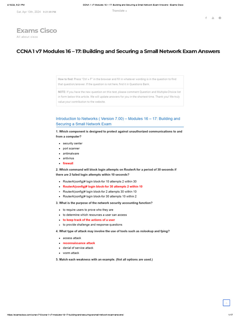 CCNA 1 v7 Modules 16 - 17 - Building and Securing A Small Network Exam Answers - Exams Cisco ...