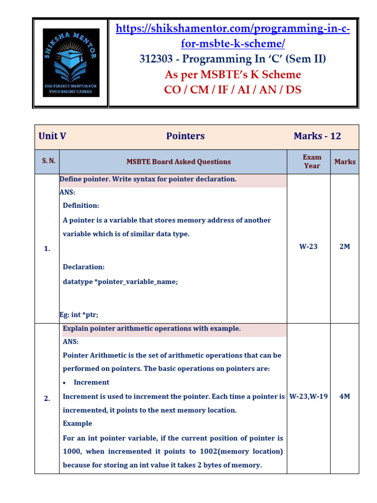 Unit V Pointers Marks 12 Qa Pdf Pointer Computer Programming Integer Computer Science