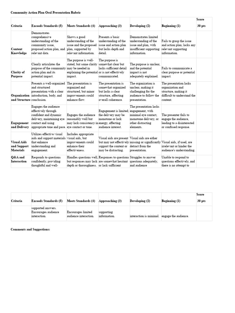 Community Action Plan Presentation Rubric | PDF | Understanding | Human ...