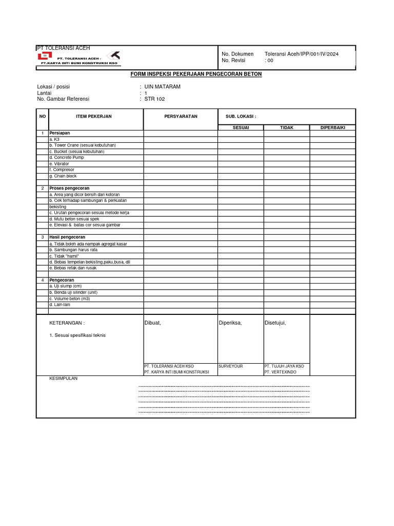 Form Checklist Pekerjaan SBSN-Beton | PDF