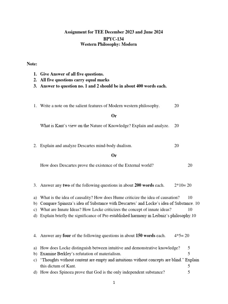 Assignment BPYC 134 Western Philosophy Modern, BAG Philosophy (English ... Assignment BPYC 134 Western Philosophy Modern, BAG Philosophy (English ...
