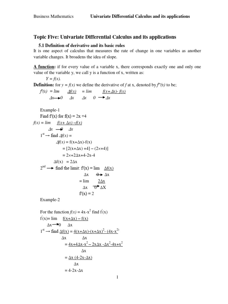 Univariate Differential Calculus Basics | PDF | Derivative | Applied ...