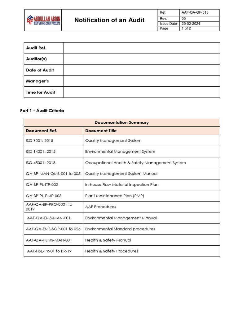 AAF-QA-GF-015 - Notification of An Audit | PDF | Technology & Engineering