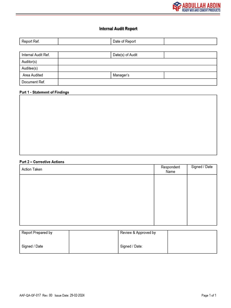 AAF QA GF 017 Internal Audit Report | PDF