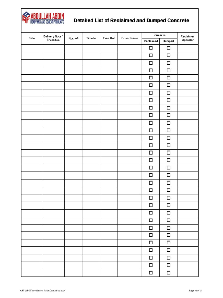 AAF-QA-GF-005 - Detailed List of Reclaimed and Dumped Concrete | PDF ...