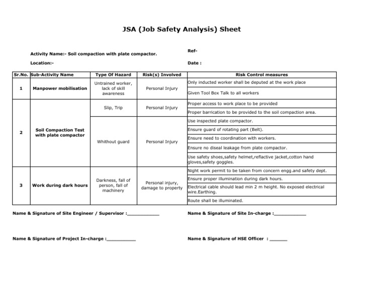 Soil Compaction Safety Analysis Sheet | PDF | Labor Relations | Workplace
