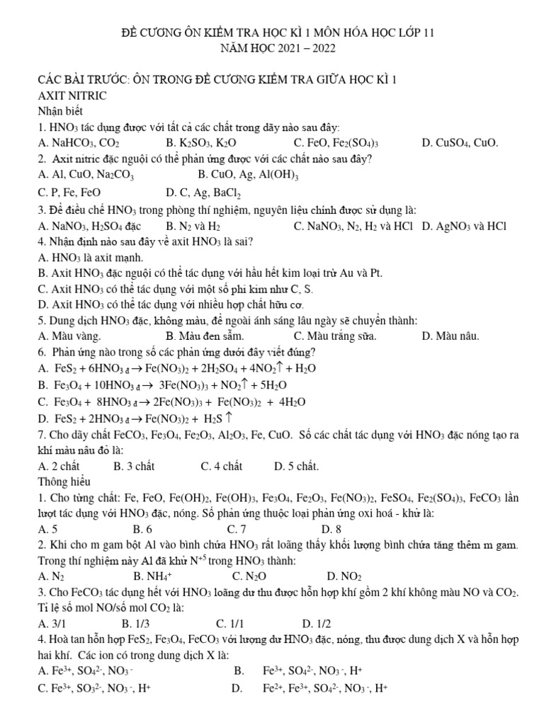De Cuong On Tap Hki Hoa 11 Danh Cho Hs | PDF