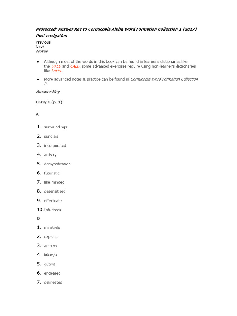 Protected: Answer Key to Cornucopia Alpha Word Formation Collection 1 ...