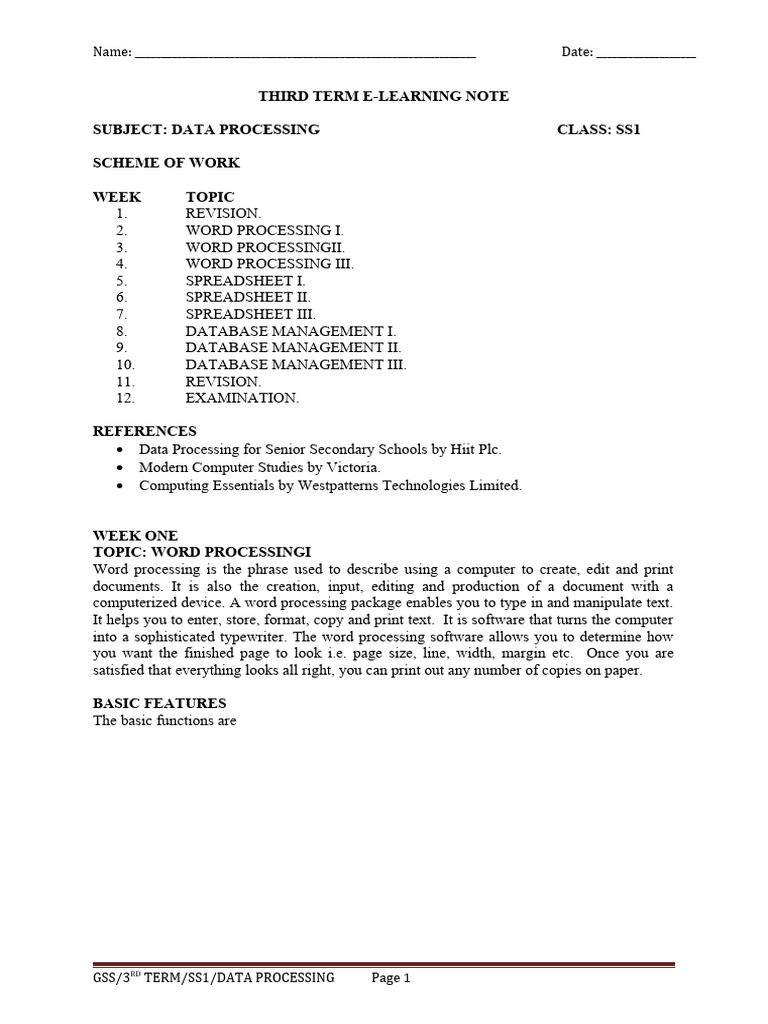 3RD Term S1 Data Processing-1 | PDF | Databases | Spreadsheet