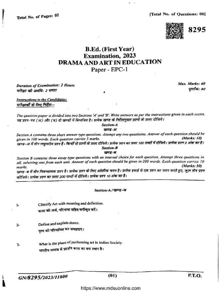 B Ed 1 Year Drama and Art in Education 8295 2023 | PDF