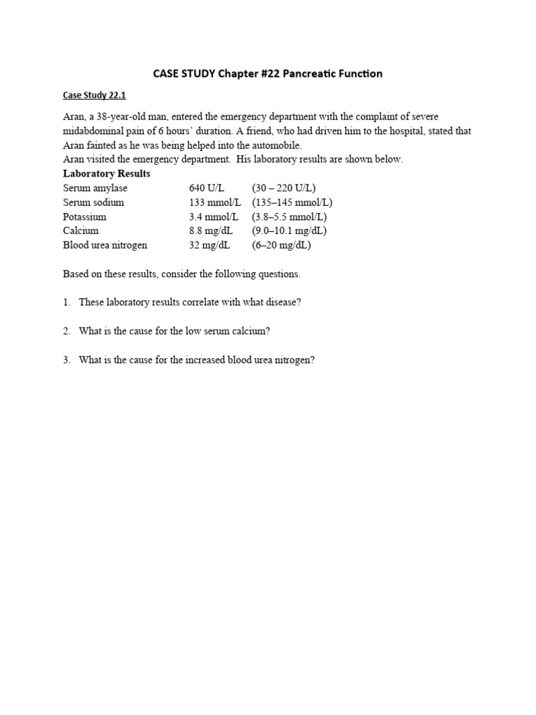 CASE STUDY 22 Pancreatic Function | PDF | Medicine | Diseases And Disorders