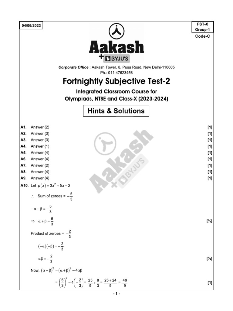 FST-2C (CBSE - G-1) Maths (C-10) (04-06-2023) - SOL | PDF
