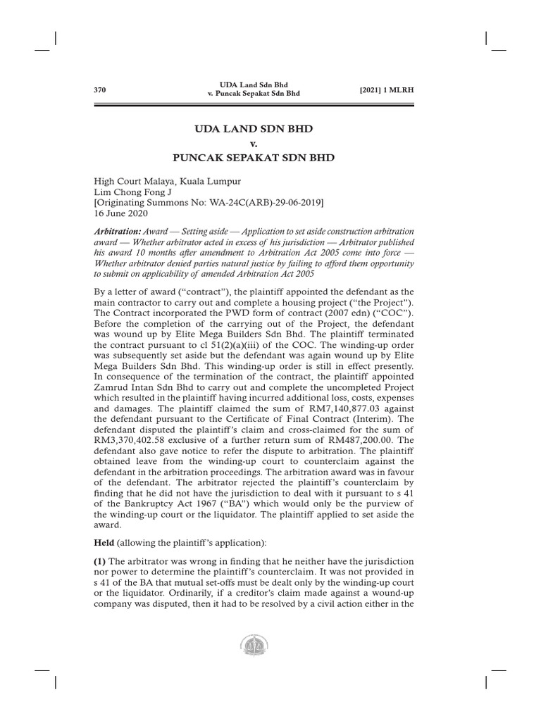UDA LAND V PUNCAK SEPAKAT | PDF | Liquidation | Arbitration