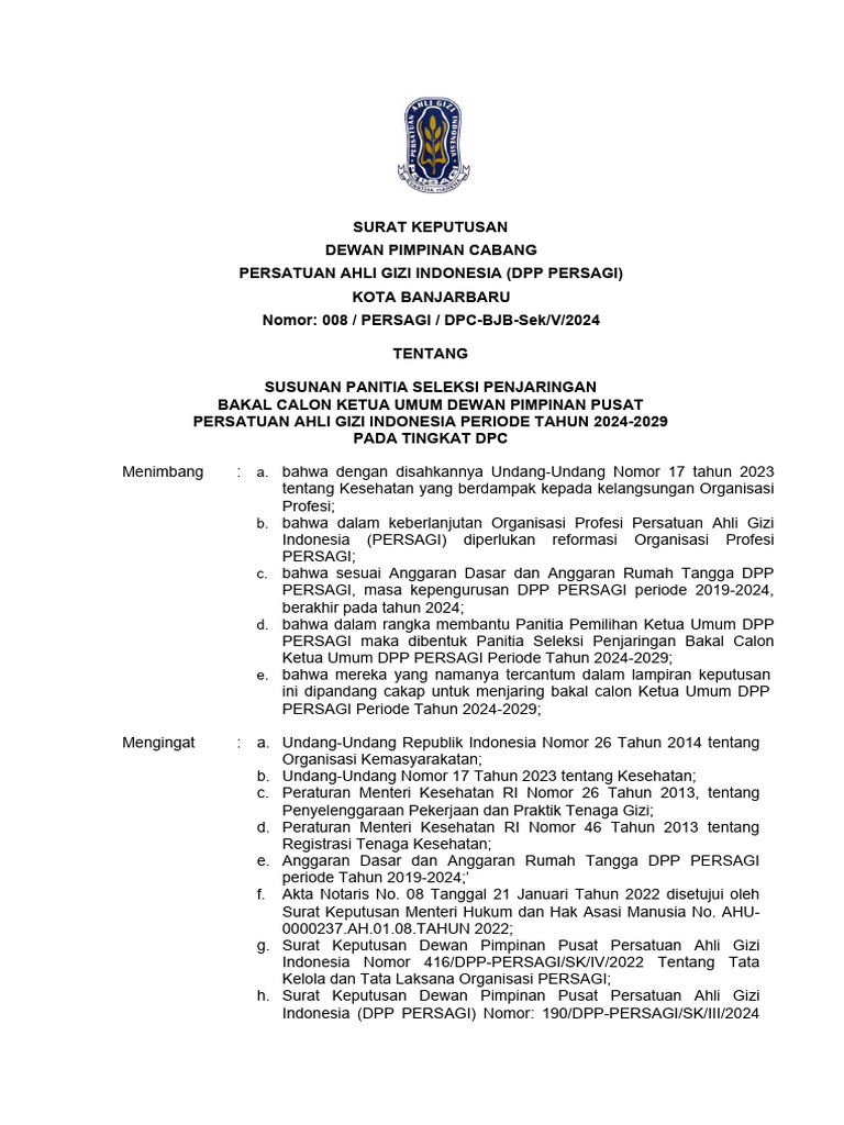 Konsep SK Panitia Seleksi Tingkat DPC Banjarbaru | PDF