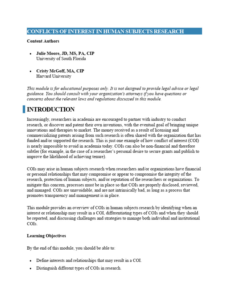 Citi Conflicts of Interest in Human Subjects Research | PDF | Clinical Trial | Institutional ...
