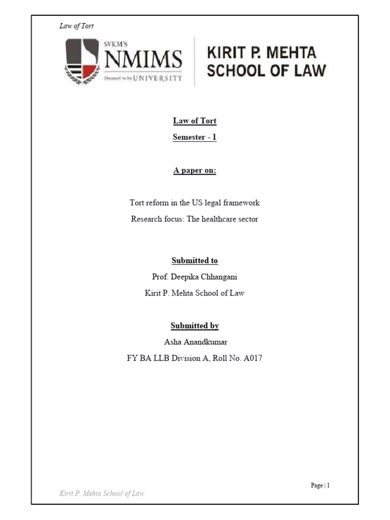 A017 - Asha Anandkumar - Law of Tort | PDF | Tort | Insurance