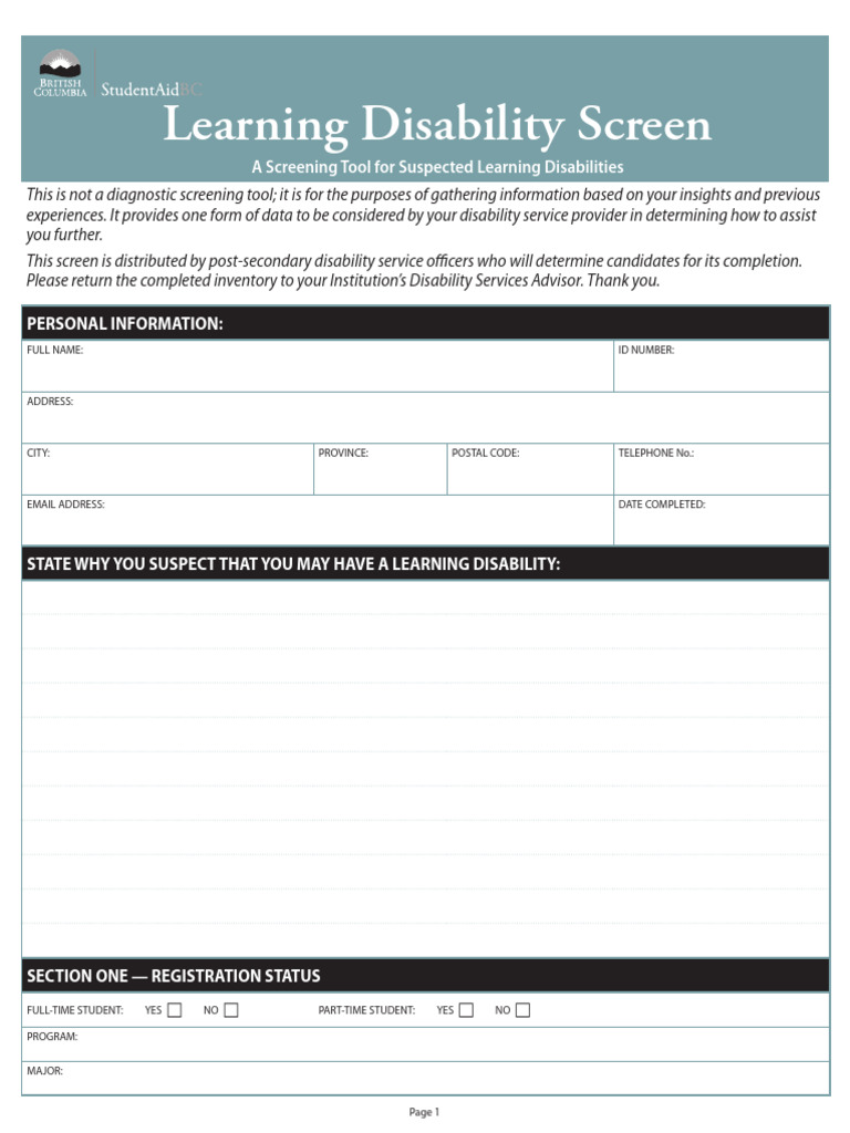 Learning Disability Screen | PDF | Intellectual Disability | Learning ...
