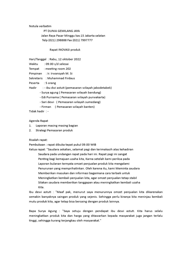 Notula Verbatim Rapat Inovasi Produk | PDF | Karier & Perkembangan | Bisnis