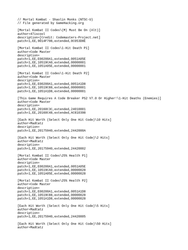 Mortal Kombat - Shaolin Monks (NTSC-U) .Pnach | PDF | Video Games