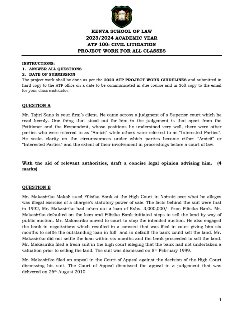 ATP 100 CIVIL LITIGATION Project Work 2023-2024 - FOR ALL CLASSES | PDF ...