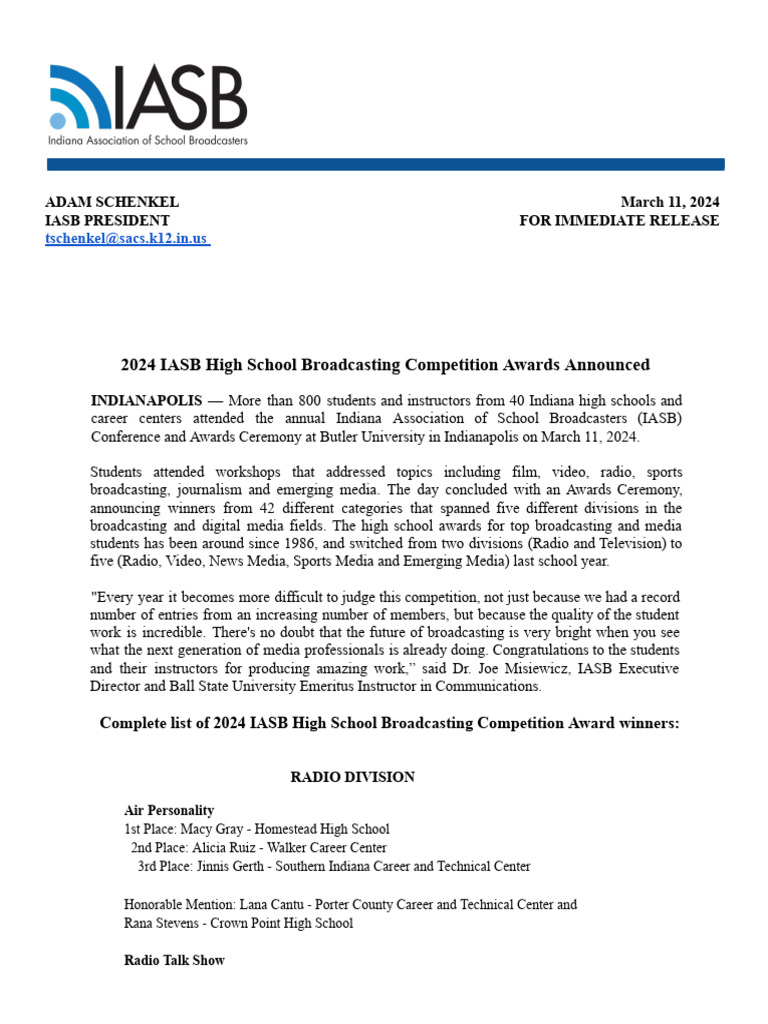 2024 IASB Press Release - Award Winners | PDF | Information And ...
