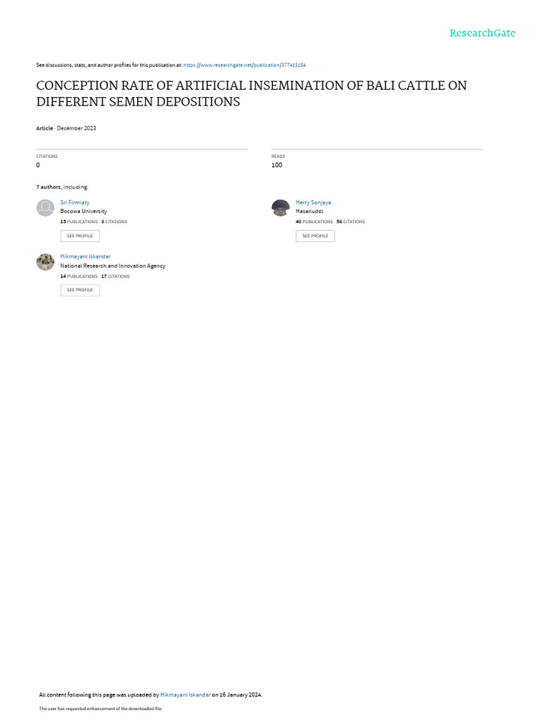 Conception Rate Of Artificial Insemination Of Bali Cattle On Different Semen Depositions Pdf