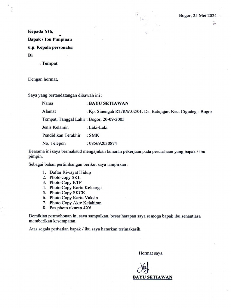 Berkas Lamaran Bayu Setiawan | PDF