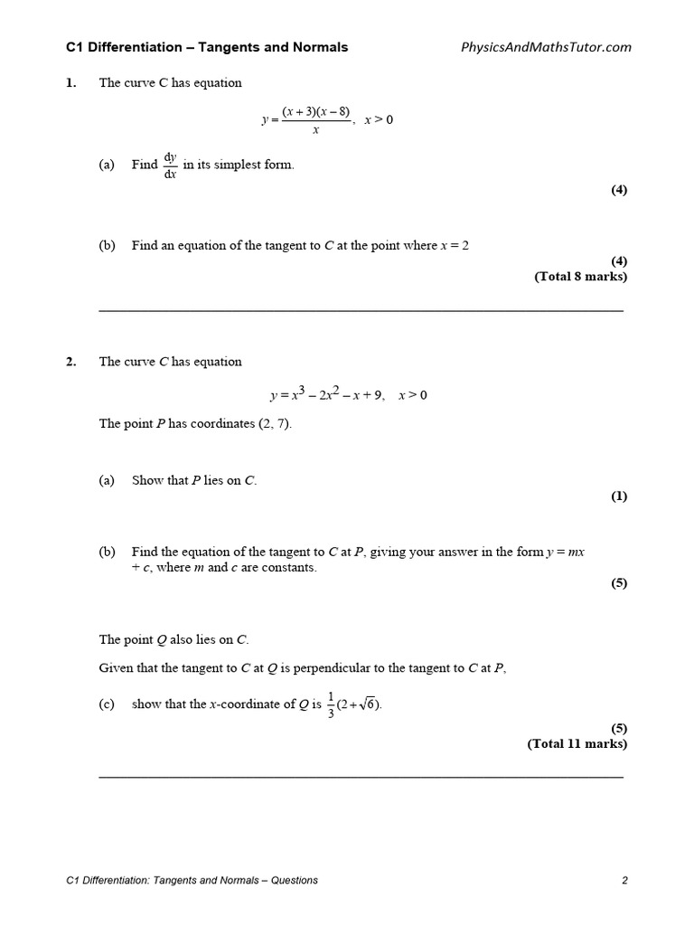 C1 Differentiation - Tangents and Normals | PDF | Tangent | Equations