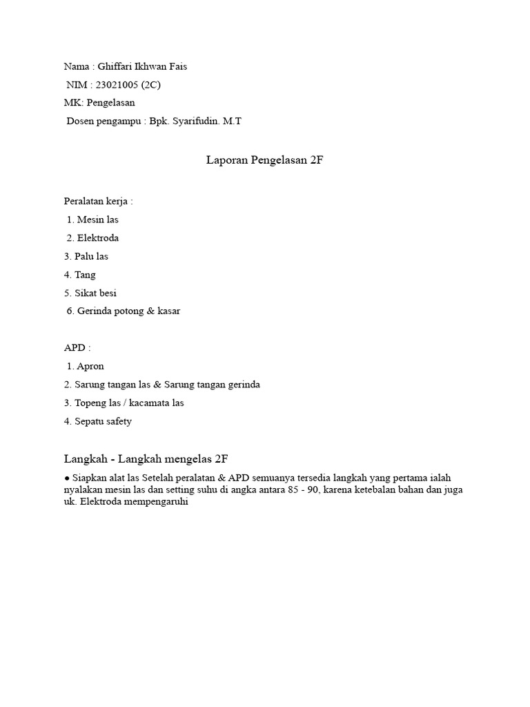 Laporan Pengelasan 2F.Ghiffari | PDF | Teknologi & Rekayasa
