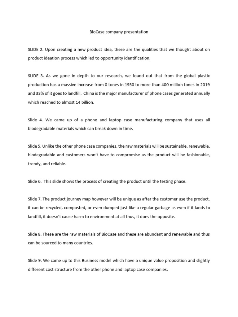 Company Presentation - Script | PDF | Biodegradation | Marketing