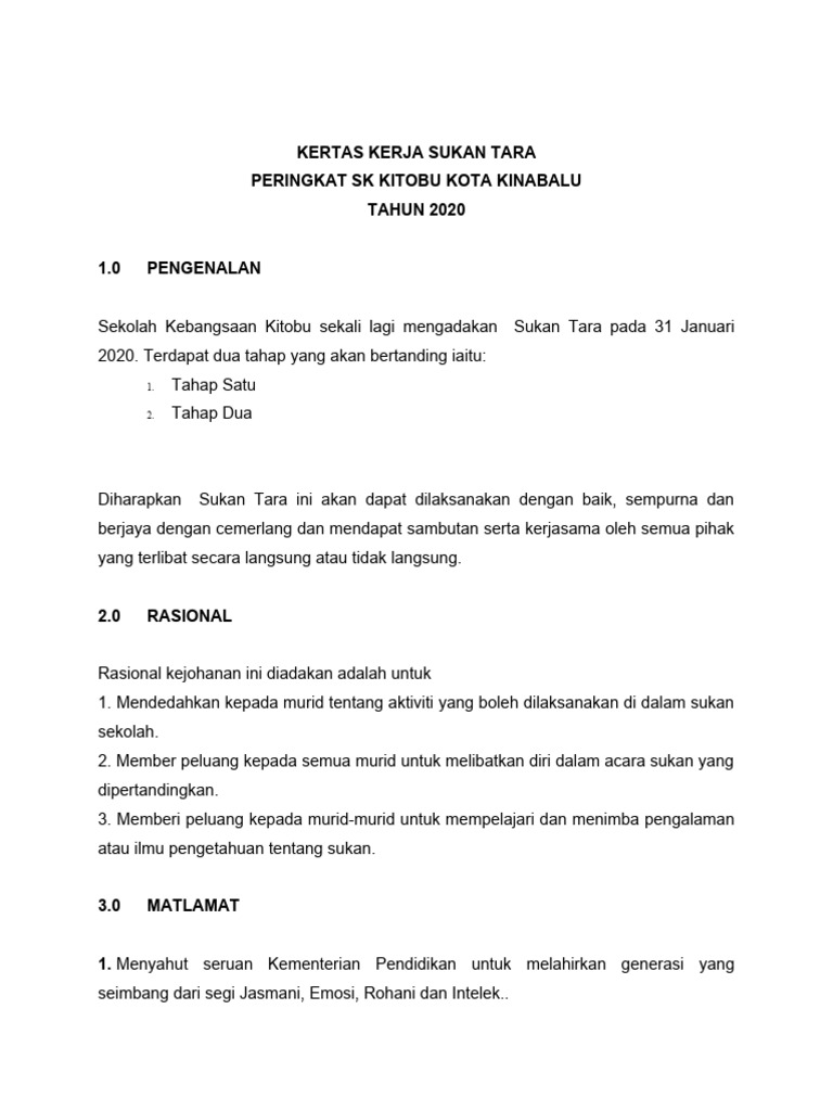 Kertas Kerja Kejohanan Sukan Tara Peringkat SK Kitobu Tahun 2020 | PDF