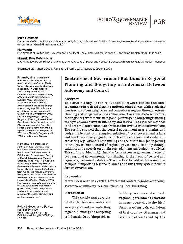Central-Local Government Relations in Regional Planning and Budgeting ...