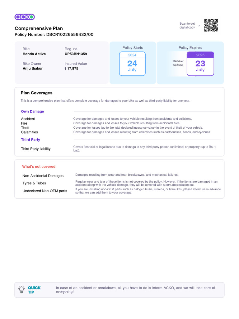 Acko Comprehensive Bike Insurance Policy | PDF | Insurance | Motorcycle