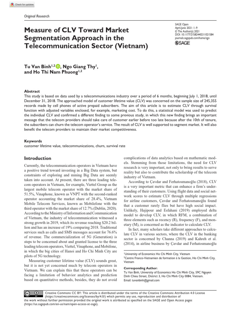 Binh Et Al 2021 Measure of CLV Toward Market Segmentation Approach in The Telecommunication ...