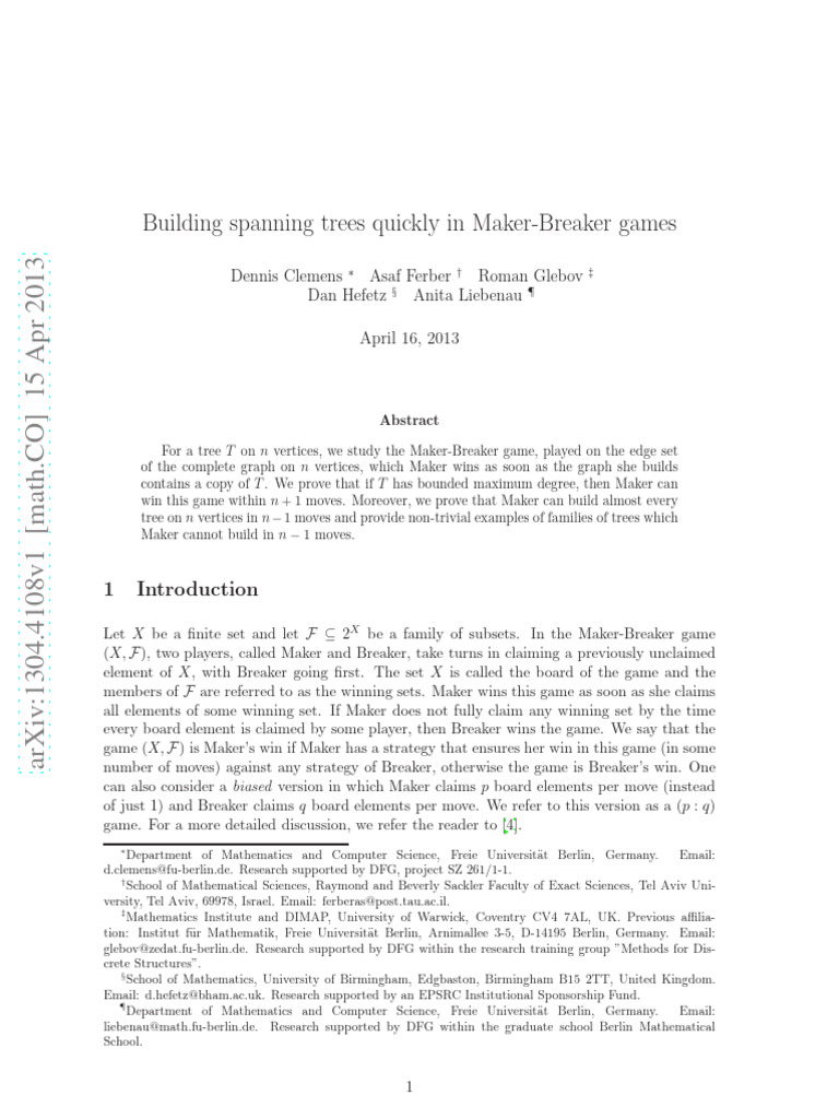 Maker-Breaker Game: Spanning Trees | PDF | Discrete Mathematics ...