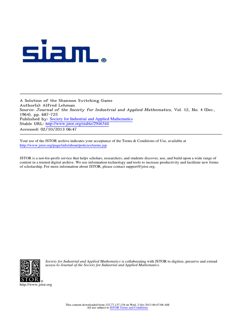 1964 - A Solution of The Shannon Switching Game | PDF | Vertex (Graph ...