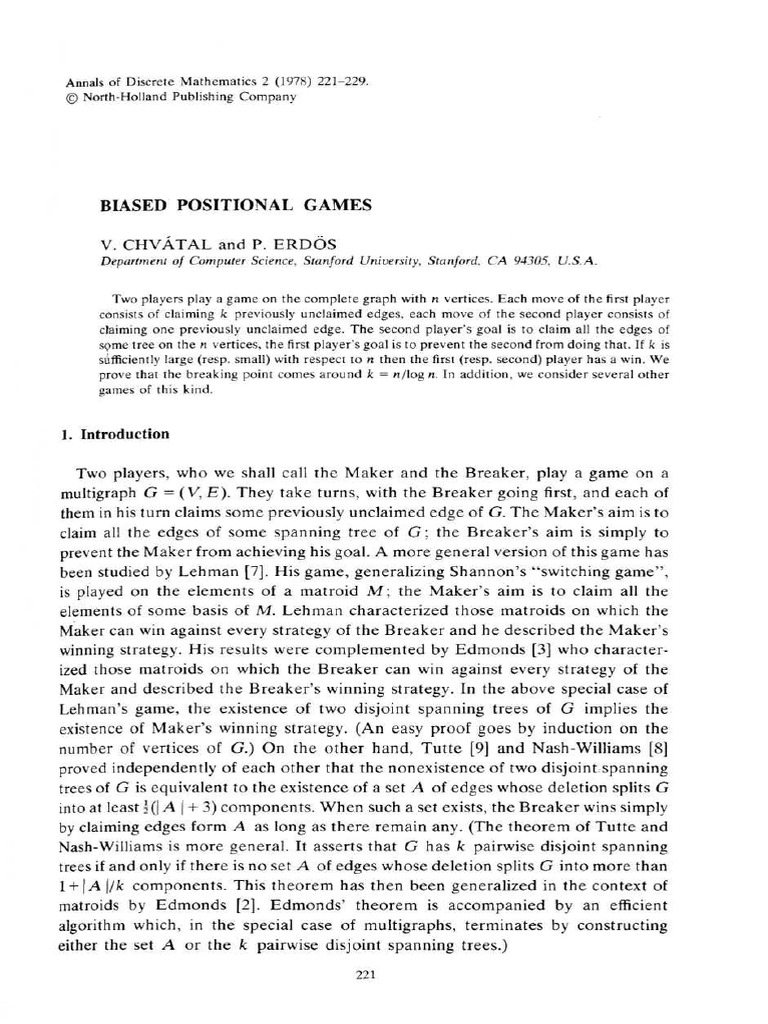 1978 - Biased Positional Games | PDF | Vertex (Graph Theory) | Discrete ...