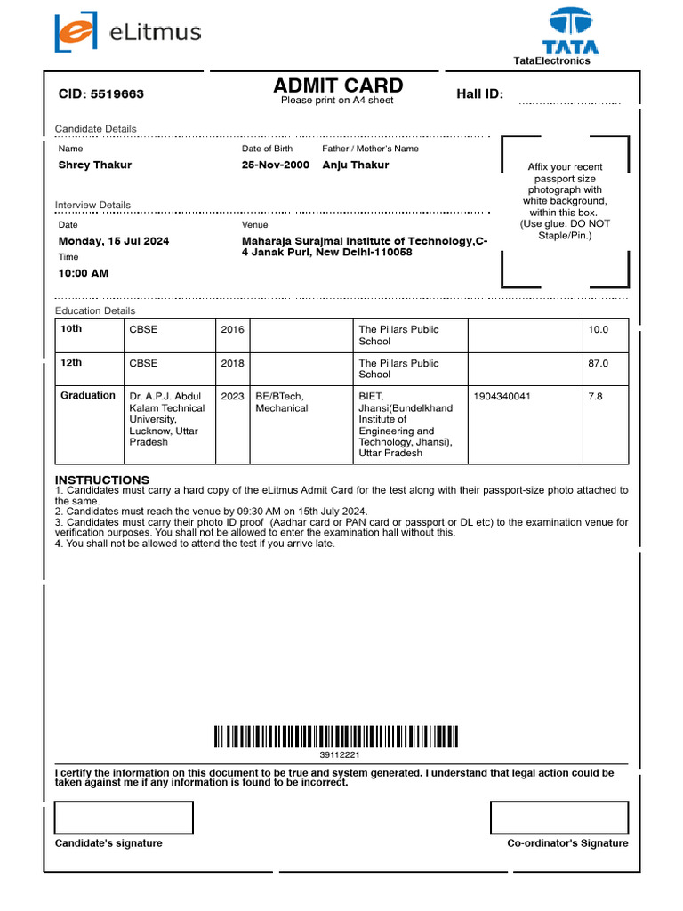 Elitmus Tataelectronics Admit Card 15jul2024 | PDF | Access Control | Authentication