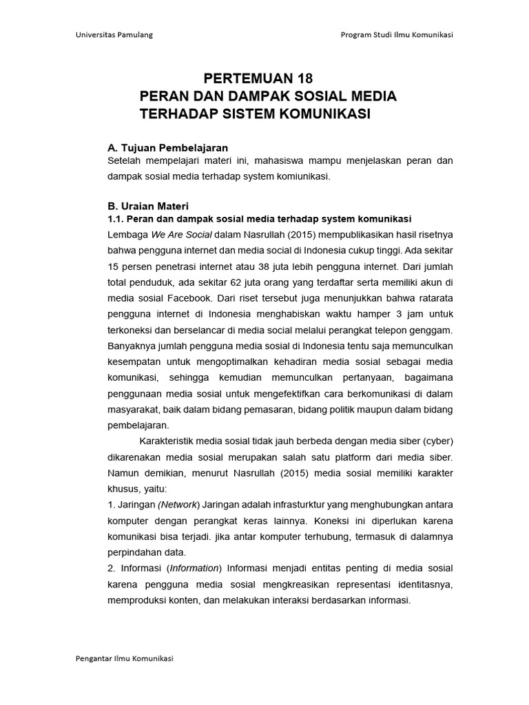 Pertemuan 18 - Peran Dan Dampak Sosial Media Terhadap Sistem Komunikasi | PDF