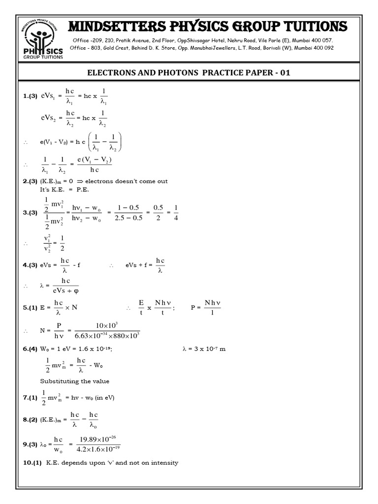Electrons Practice Paper - 1 Solu | PDF | Atomic Physics | Atomic