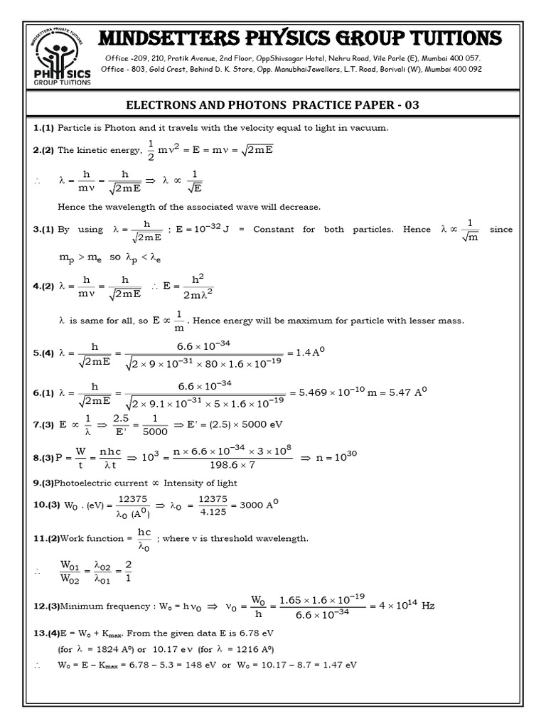 Electrons Practice Paper - 3 Solu | PDF | Photoelectric Effect | Metrology