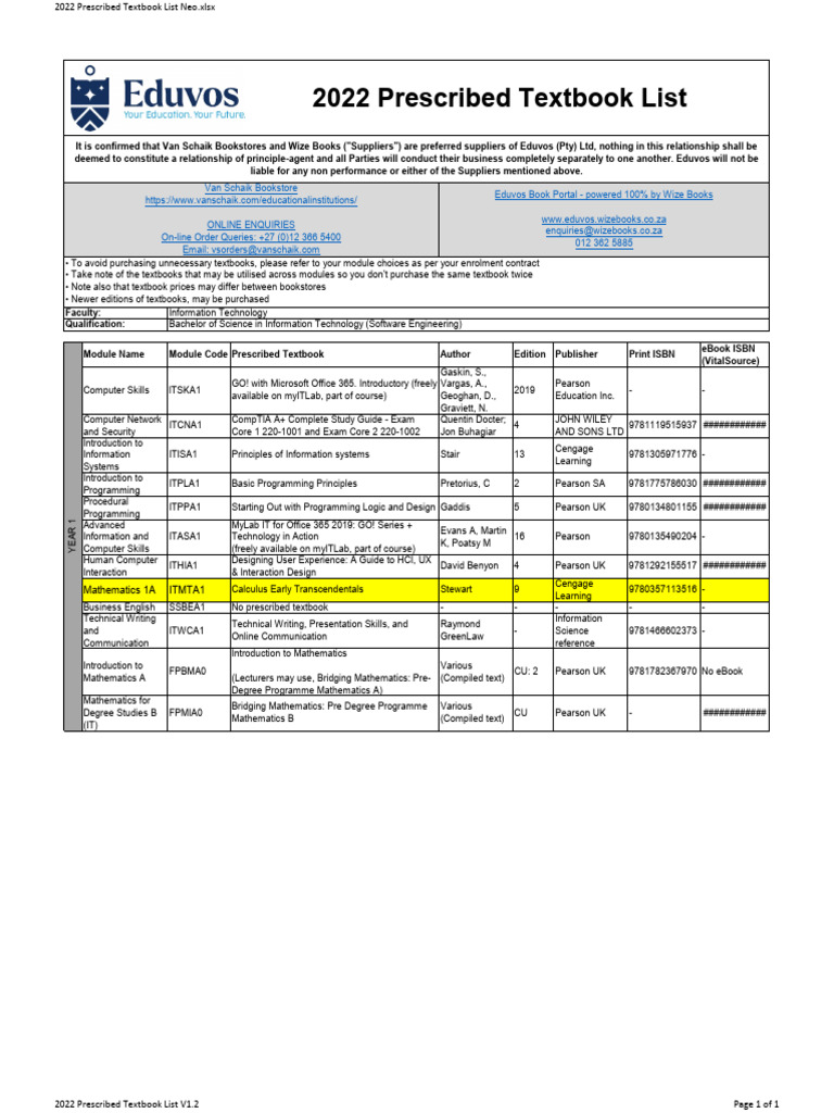 2022 Y1 BScIT SE Prescribed Textbook List | PDF | Textbook | Mathematics